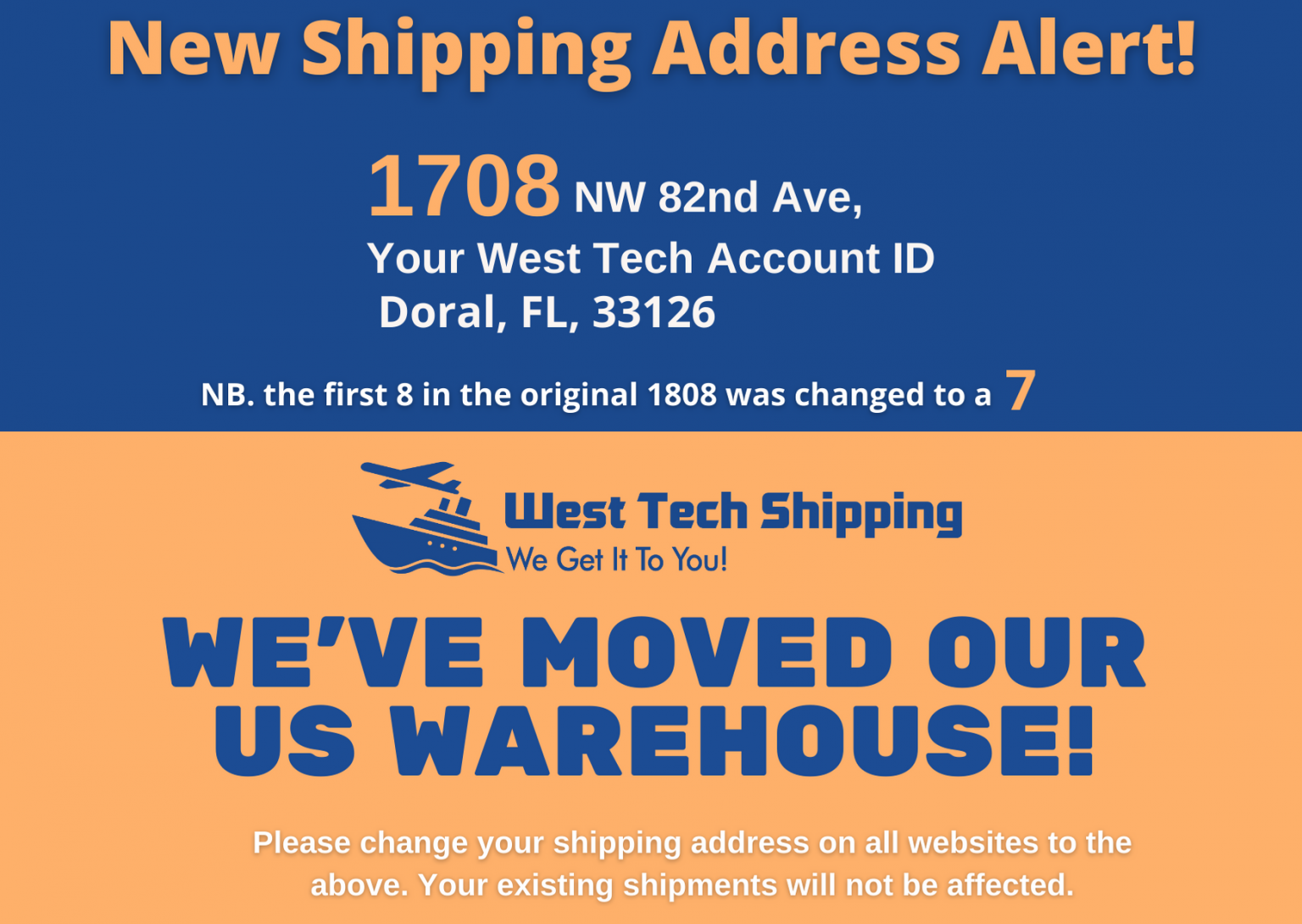 New Shipping Address – West Tech Shipping