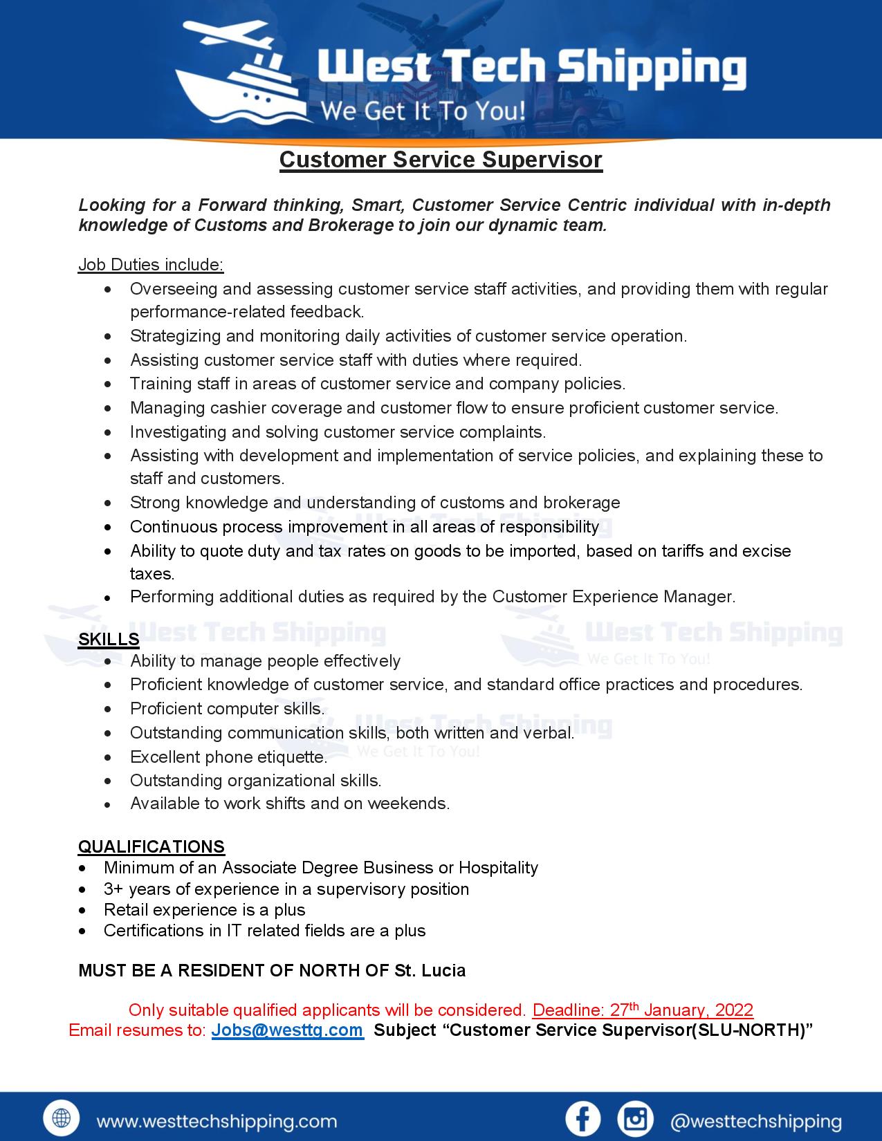 Customer Service Supervisor – West Tech Shipping